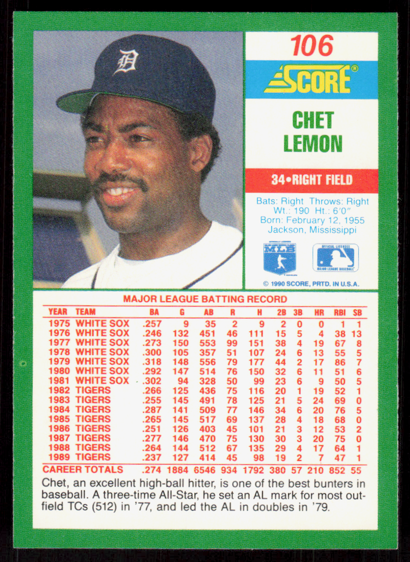 1990 Score 106 Chet Lemon Detroit Tigers | eBay