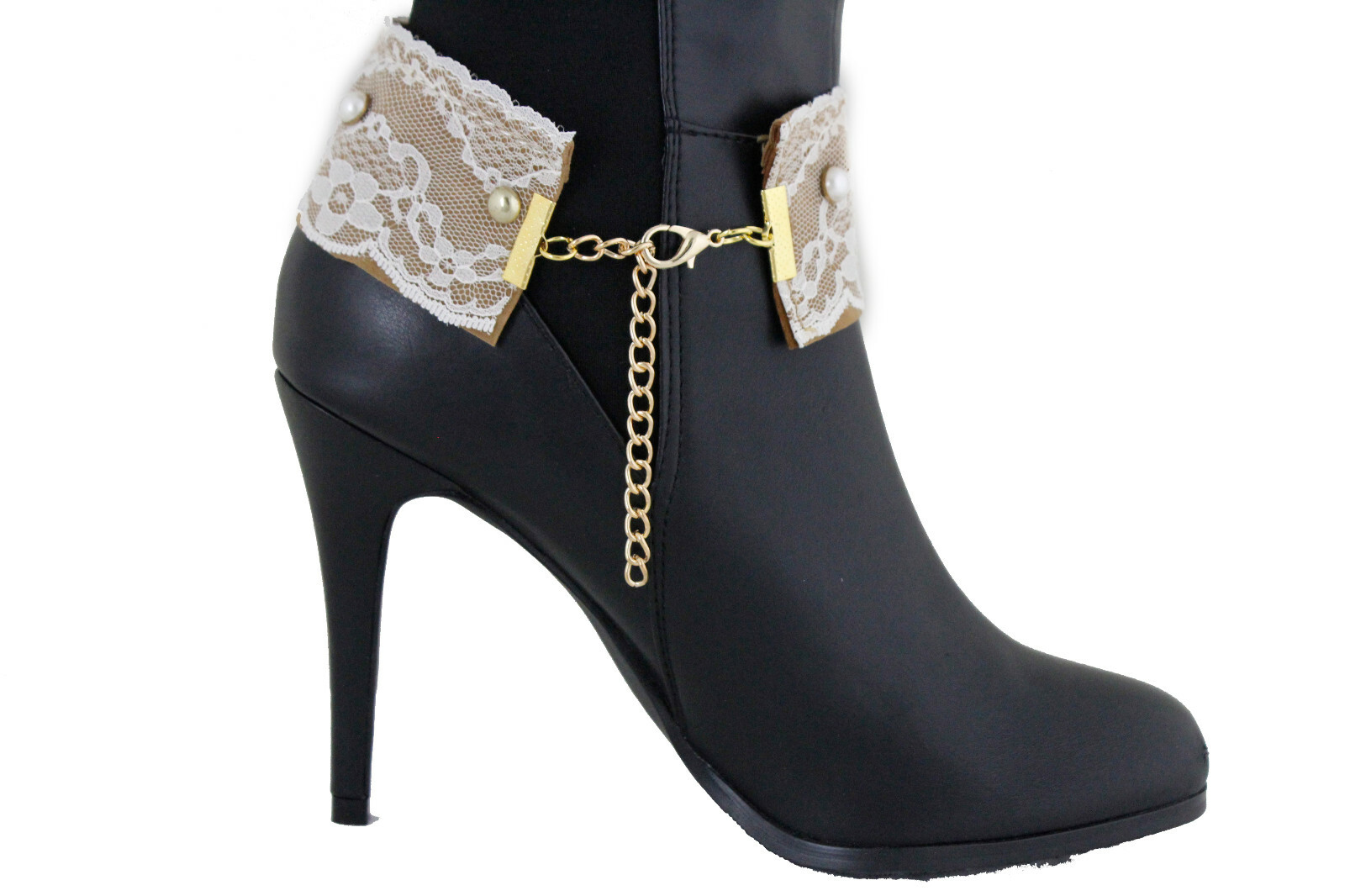 Women Boho Boot Bracelet Shoe Pearl Beads Beige Strap White Lace Band ...