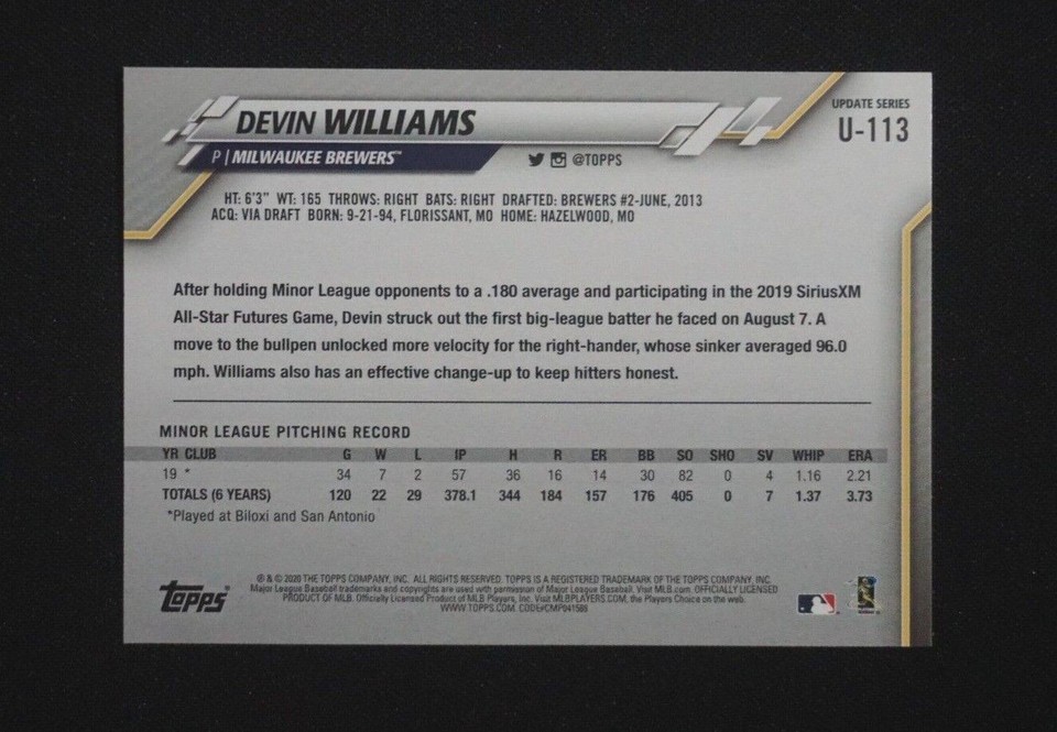 DEVIN WILLIAMS Rookie 2020 Topps Update RC U-113 Brewers | eBay