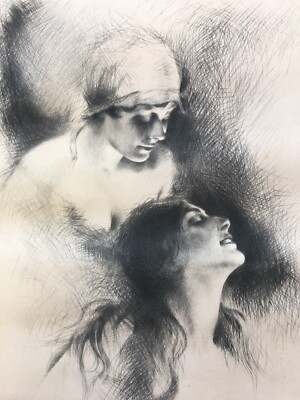 Karl Bauer: Fine Large Dry Point Etching "Friends", Signed by Artist, c ...