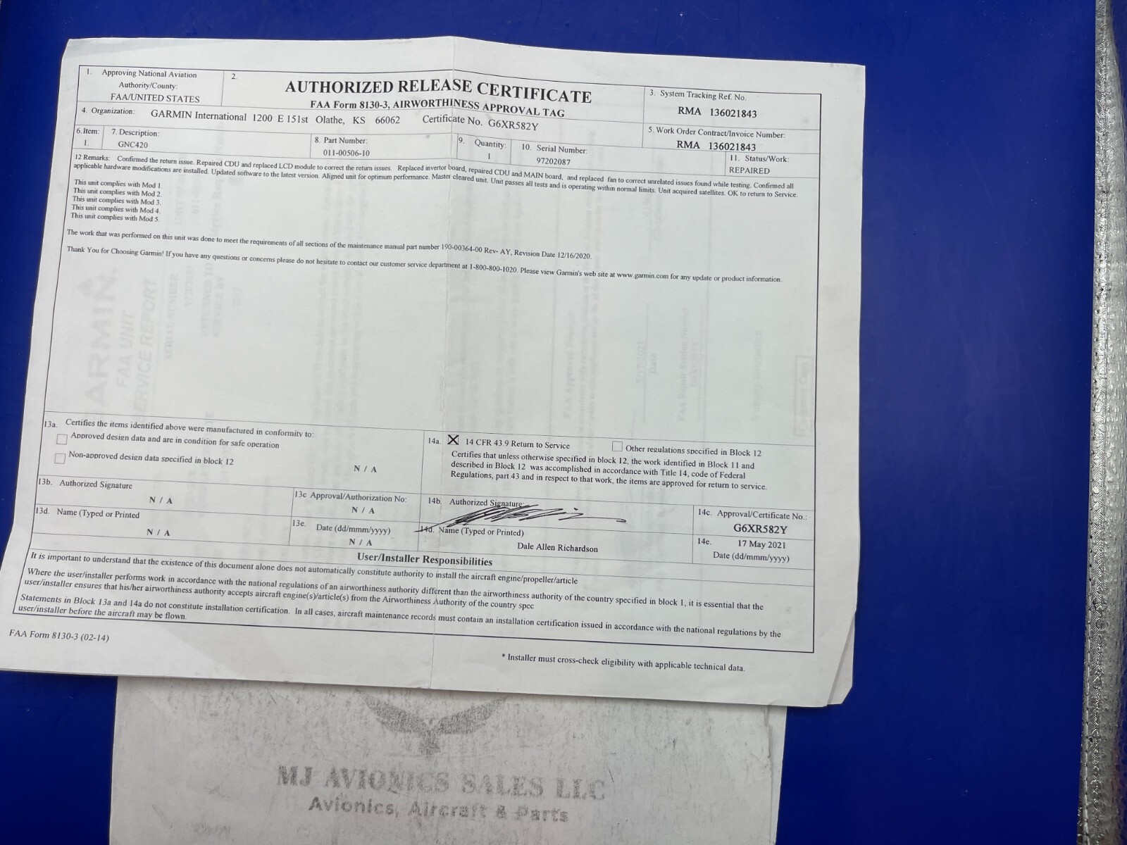 Garmin GNC 420 GPS/COMM 14/28 VDC P/N 011-00506-10 | Avionics ...