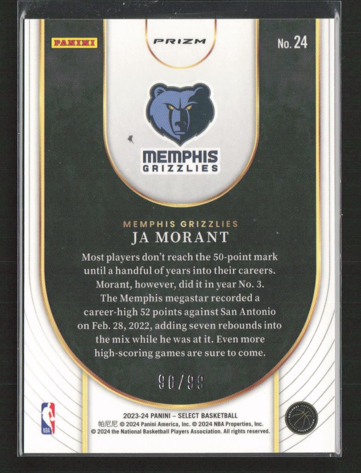 2023-24 Panini Select #24 Ja Morant Neon Icon Pink Cracked Ice Prizms ...