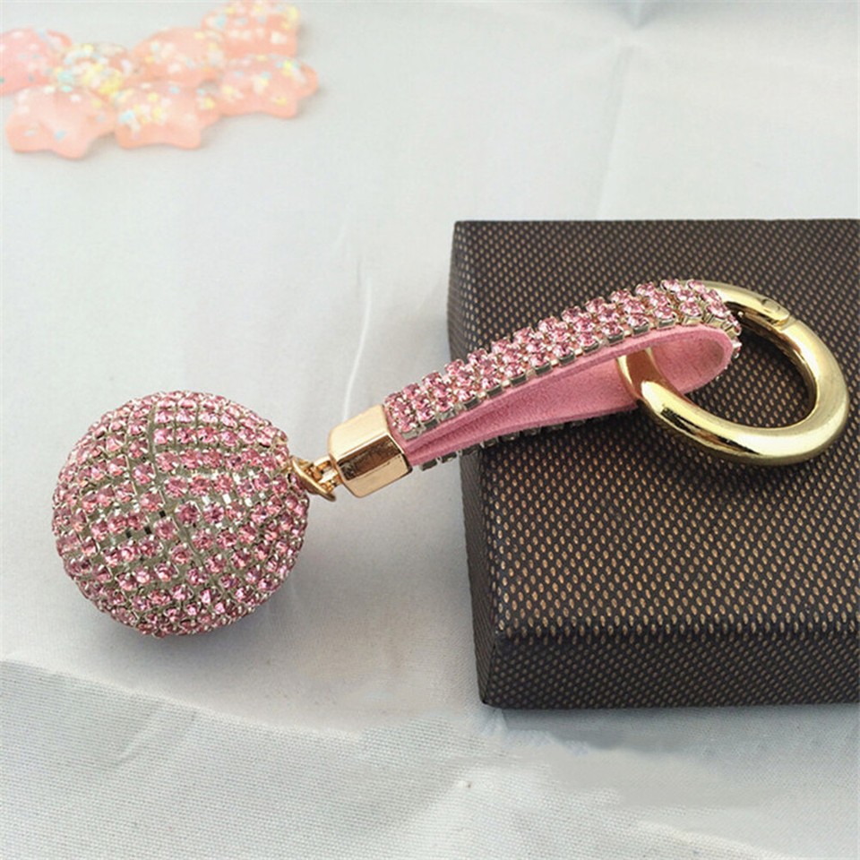 Women Key Ring Rhinestone Leather Strap Crystal Ball Car Keychain ...