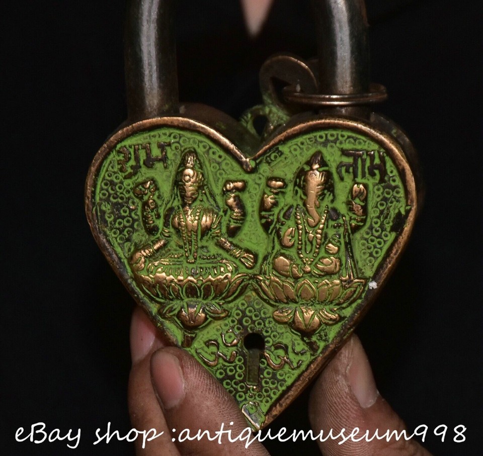 4.8" Old Chinese Copper Dynasy Buddha Hheart-shaped lock Statue ...