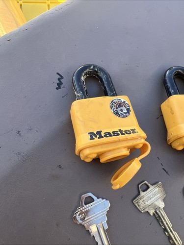 2 Master Lock Tough Under Fire Padlocks Yellow - No Keys - Plus Key Lot ...