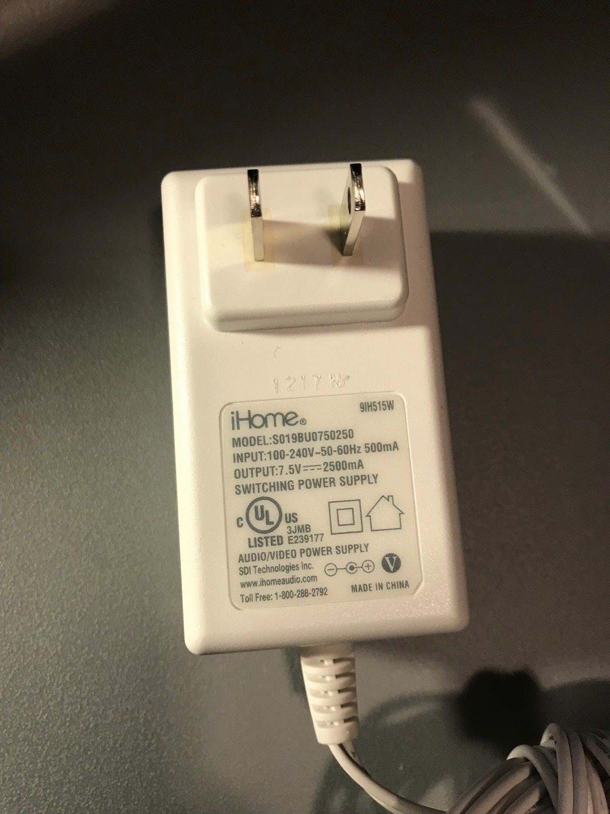 Genuine iHome S019BU750250 AC Adapter/Power Supply 7.5V 2500mA 9IH515W ...