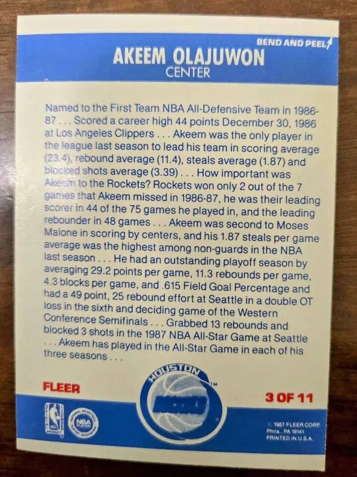 1987 UER Error Hakeem Olajuwon FIeer Sticker | eBay