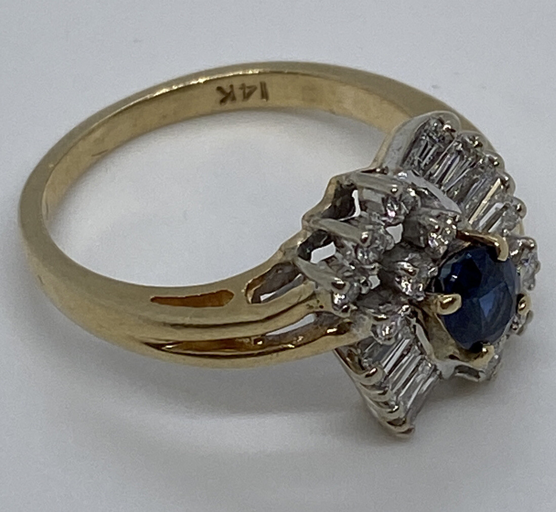 14k Gold Diamond Saphire Ring-Round Baguette and Oval… - Gem