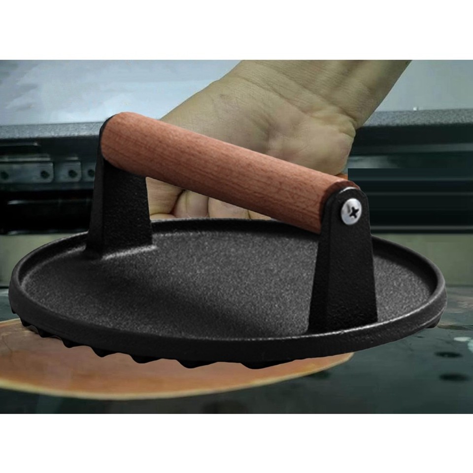 Cast Iron Meat Board with Wooden Handle for BBQ, Steak Grill Round4609 ...