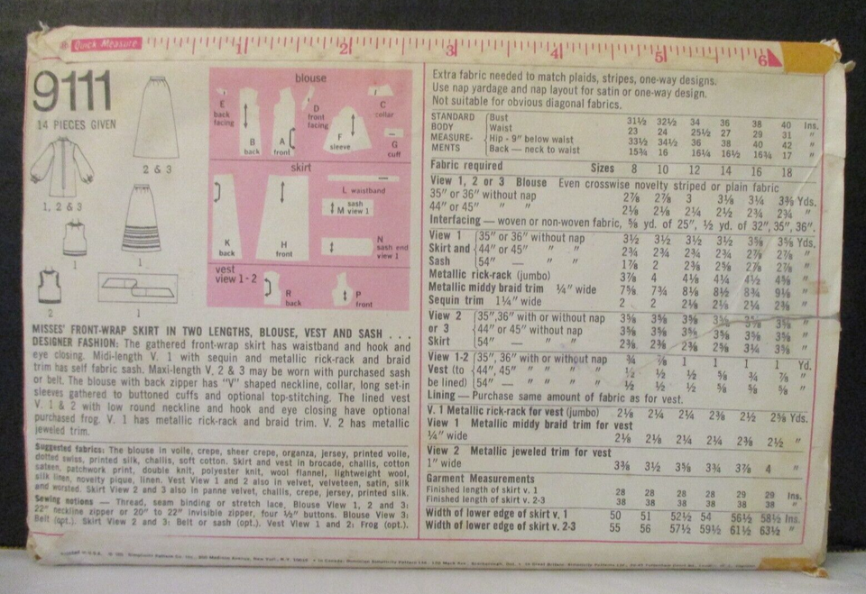 Simplicity Pattern 9111 Misses Front Wrap Skirt Blouse Vest Sash Size ...