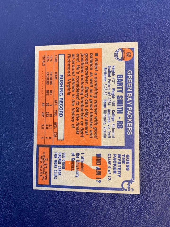 1976 Topps Football #62 Barty Smith - Green Bay Packers - Sharp High ...