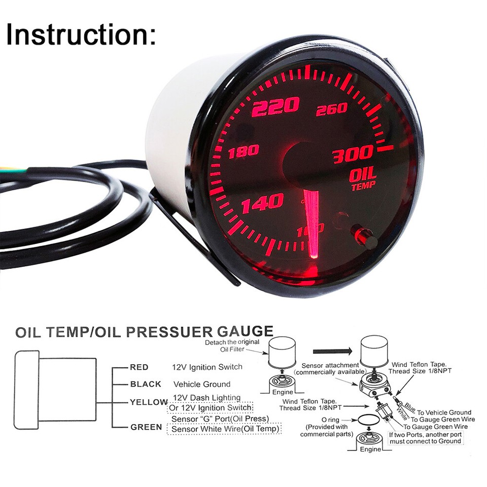 100-300℉ Oil Temp Gauge 2" 52mm Temperature Meter 1/8 NPT Sensor 7 ...