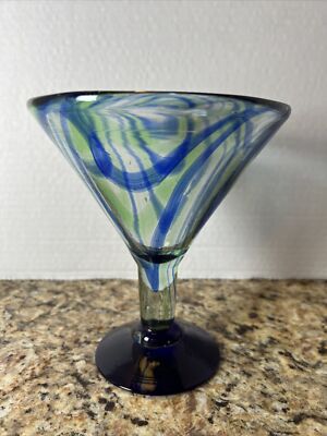 Hand Blown Green & Blue Swirl Cobalt Blue Rim & Base Margarita ...