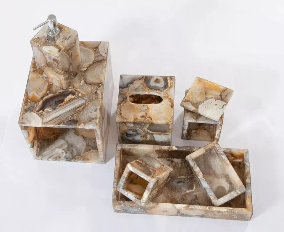 Resin with Natural Agate Bath Set Marble Tissue Holder for Home Set of ...