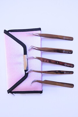 Eyelash Extension Pink Tweezers Set 5 PCS Pink Case Stainless Tweezers ...
