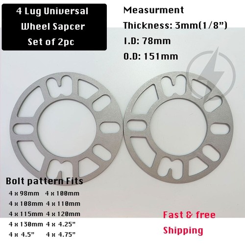 2Pc Wheel Spacers 3mm Universal For 4x98 4x100 4x108 4x110 4x114.3 ...