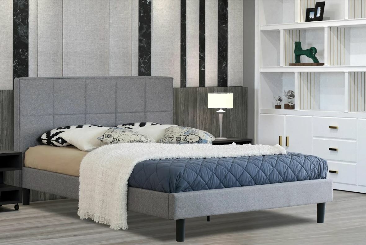 Double Bed Frame Padded Headboard Grey Sprung Mattress Upholstered ...