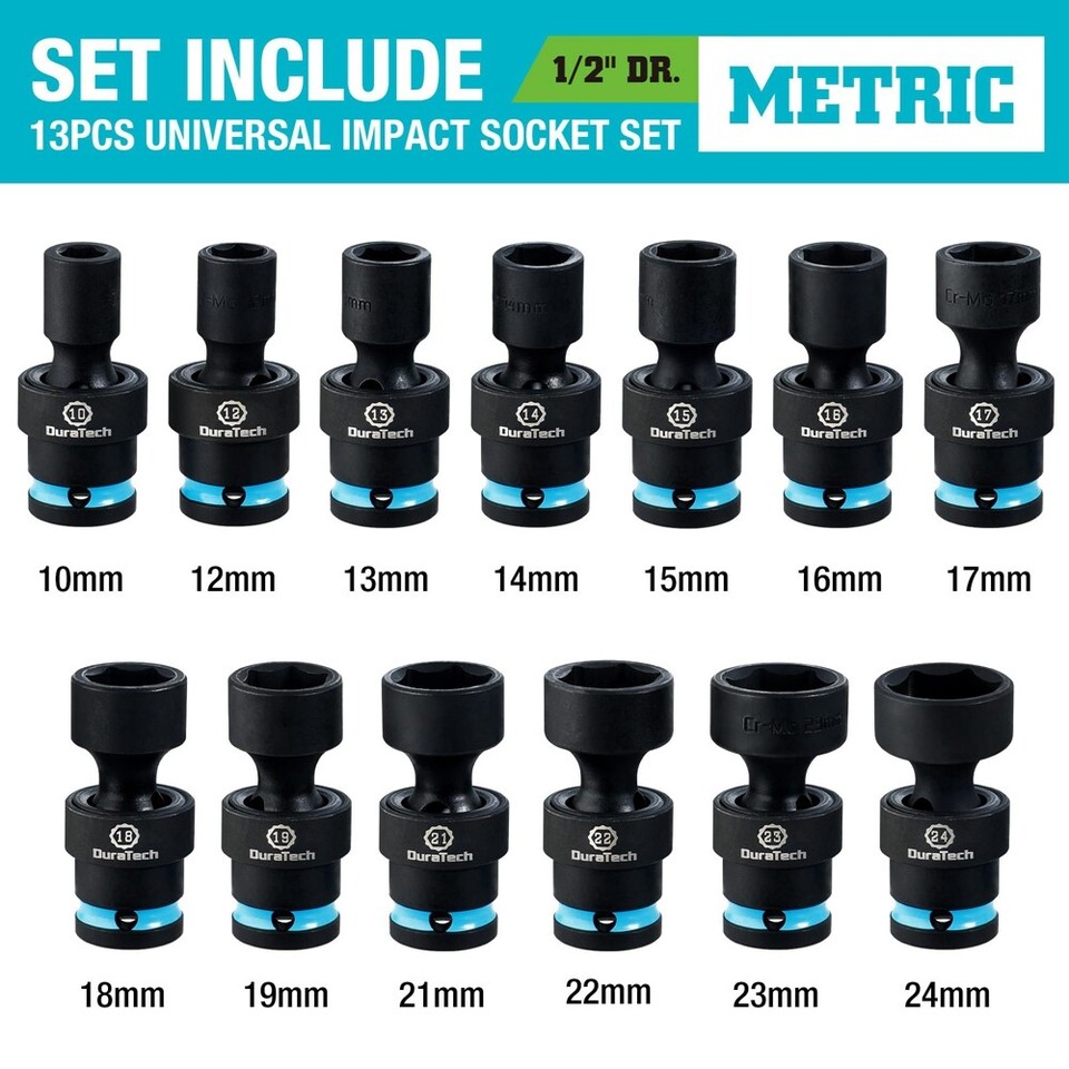 DURATECH 1/2" Dr Swivel Socket Set 13PCS Shallow Universal Impact ...