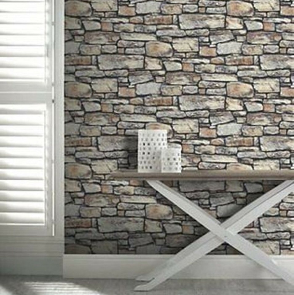 Cornish Stone Brown Brick Realistic 3D Effect Wallpaper Slate stone ...