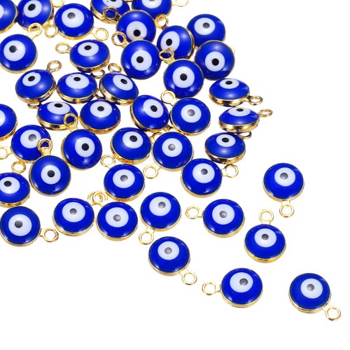 6mm Evil Eye Beads, 50 Pcs Flat Round Evil Eye Charm, Gold Strip, Blue ...