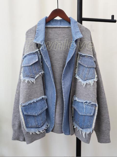 New Denim Patchwork Sweater Coat Women's Loose Casual Knitwear Fashion Cardigan | eBay