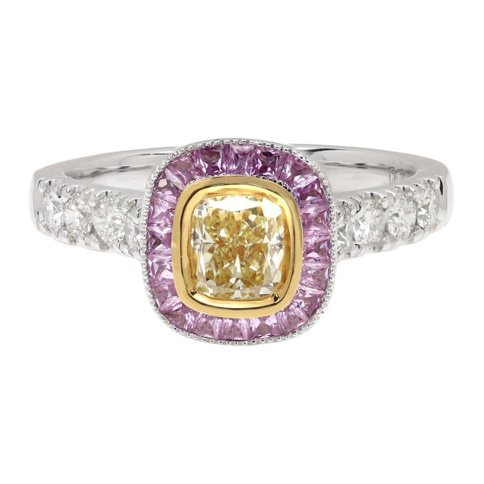 18k Natural Yellow Diamond Pink Sapphire ring white gold Art Deco ...
