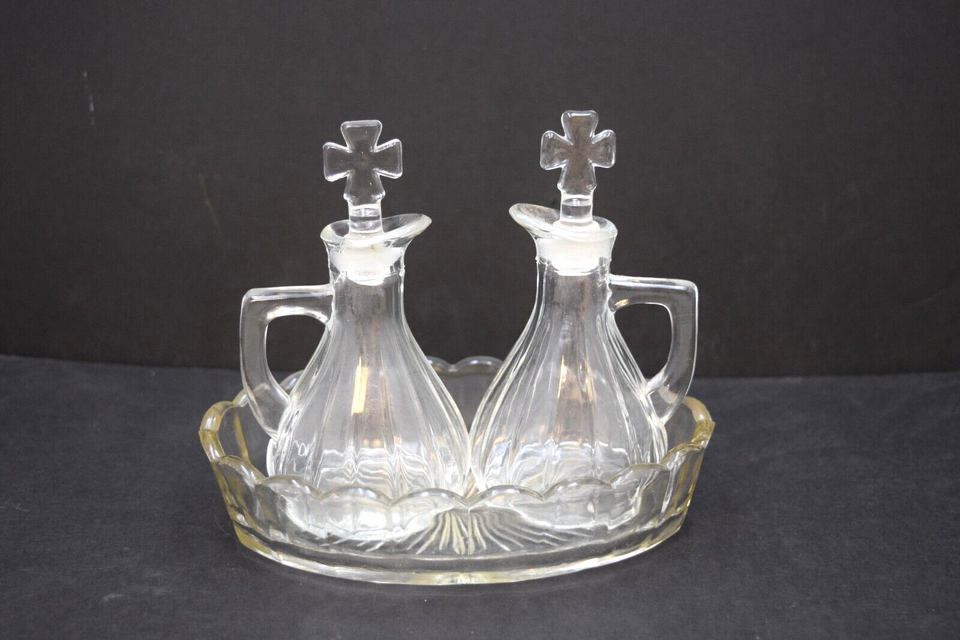Older Glass Church Cruet Set, 2 Cruets with Tray, Antique (CU230 ...