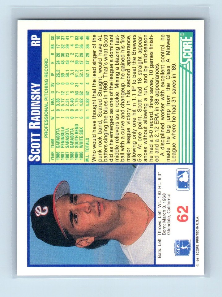1991 Score Straight from the Pack Scott Radinsky Chicago White Sox #62 ...