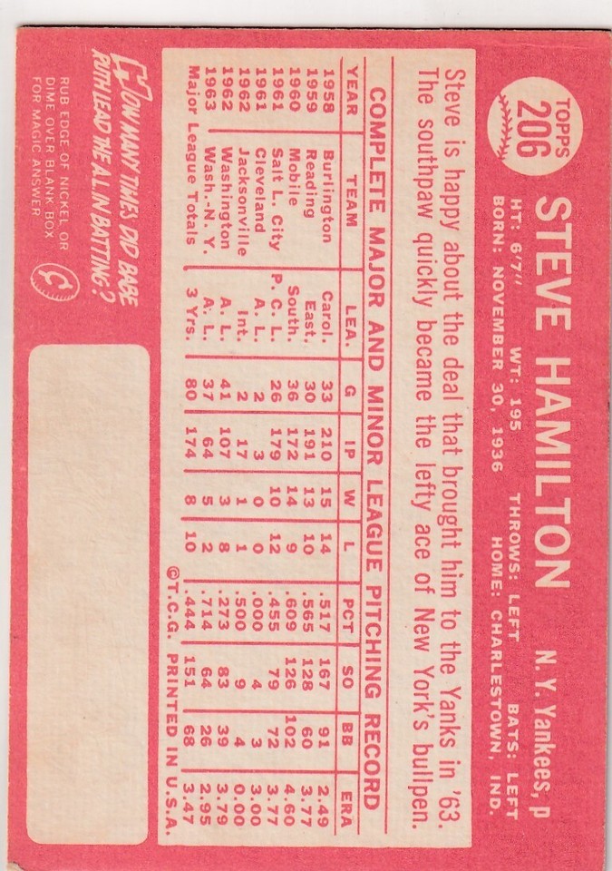 1964 TOPPS STEVE HAMILTON NEW YORK YANKEES #206 (REVIEW PICS) (VG-EX ...