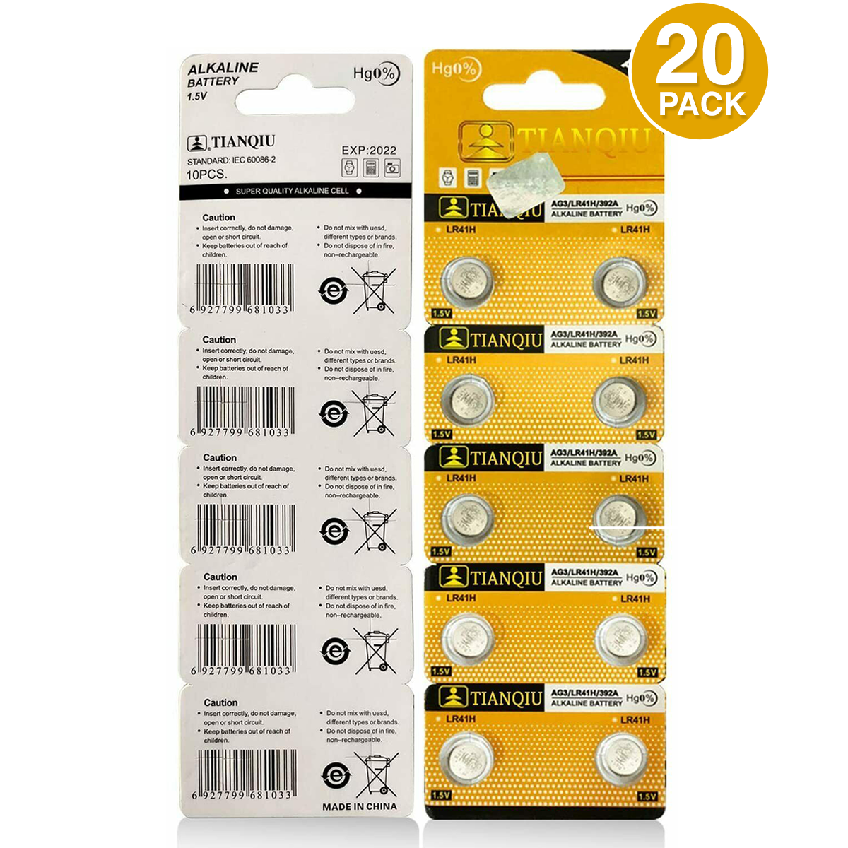 Tianqiu LR41H AG3 392A Alkaline 1.5V Button Cell Batteries (20 Pack) | eBay