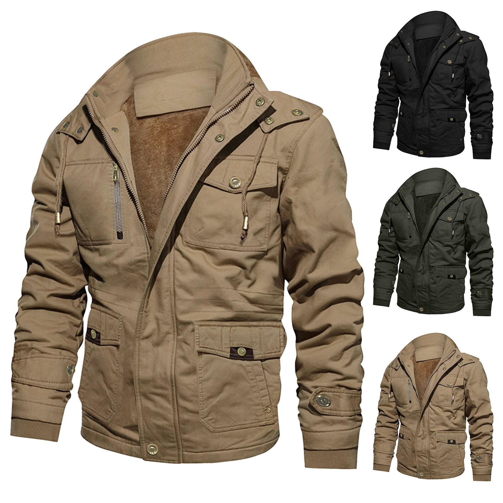 Men's Winter Casual Thicken Fleece Multi-Pocket Outwear Bomber Jacket ...