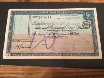 National Provincial Bank Travellers Cheque 26/9/63 £5 issued Chester J ...