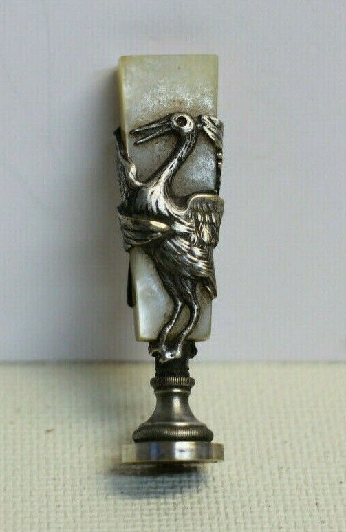Antique French Bronze Silvered Stork & Mother of Pearl Wax Seal Stamp ...