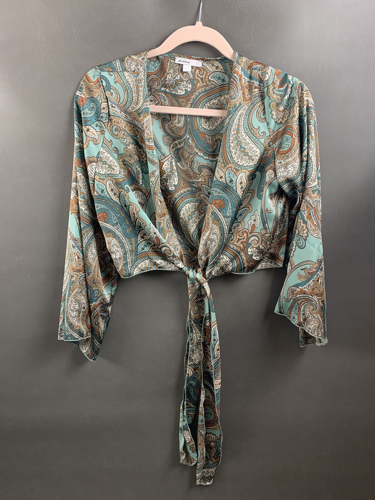 Subdued Cropped Green Teal Paisley Blouse, Women's One Size - TEEN SZ ...