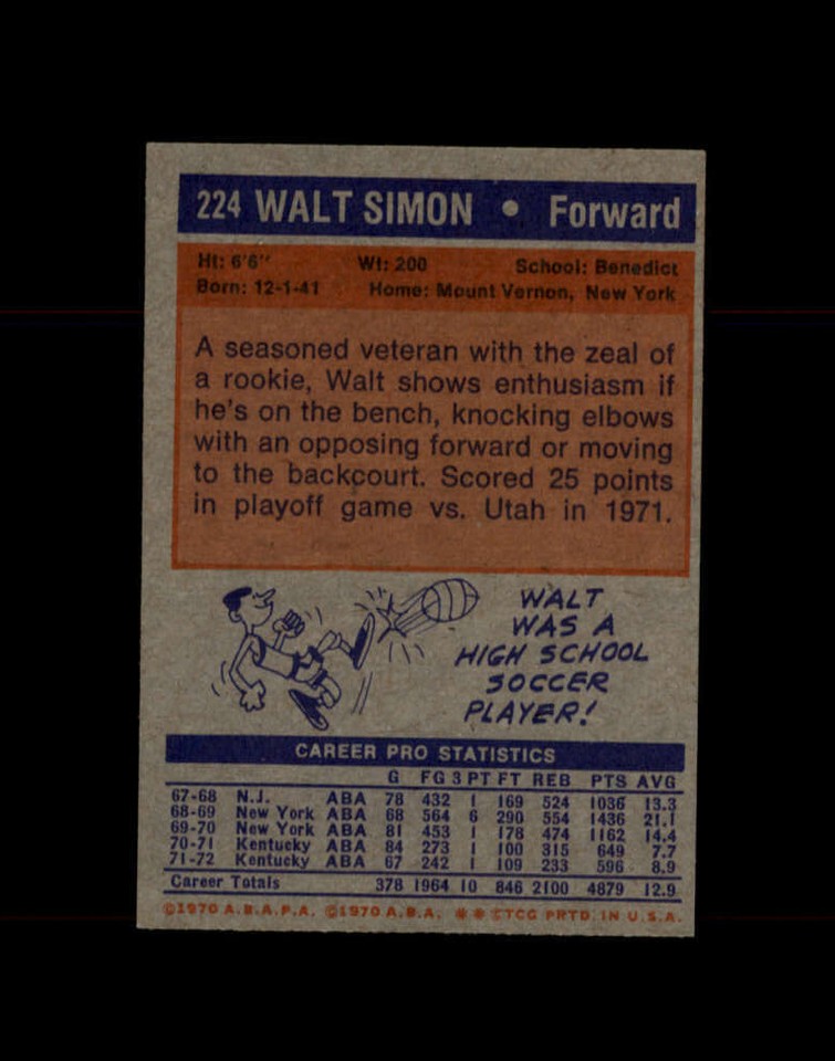 1972 Topps Basketball #224 Walt Simon STARX 5 EX (LS806110) | eBay