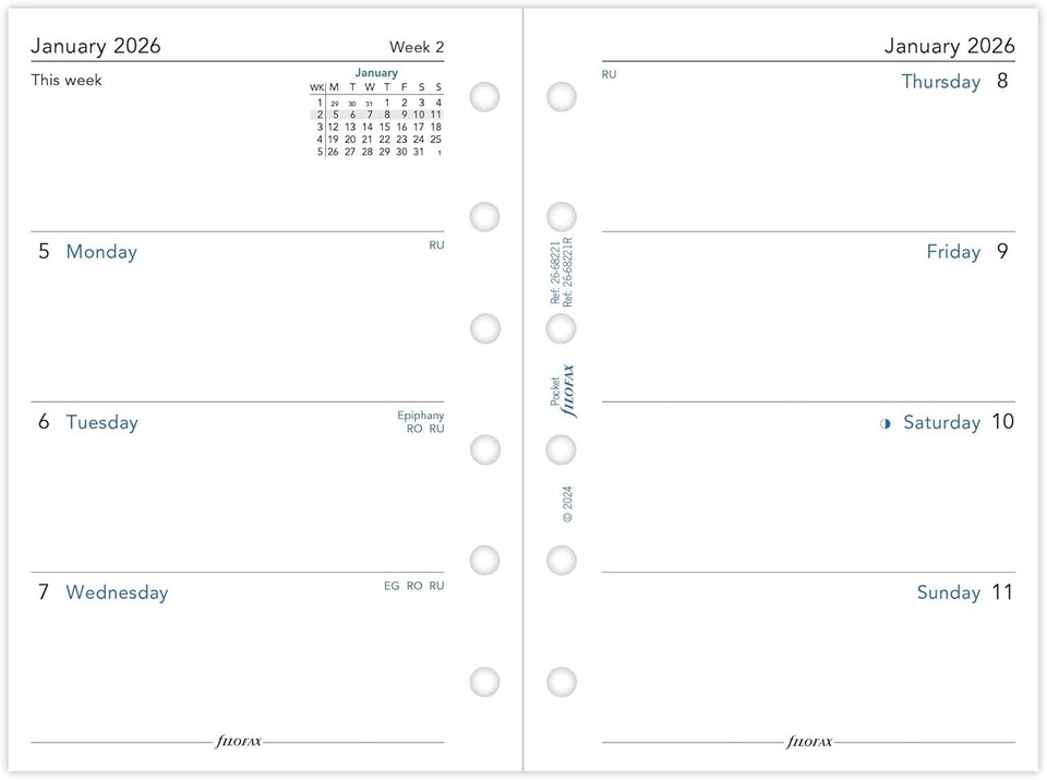 Filofax Pocket 2026 Week on Two Pages Diary White Refill Insert 26 ...