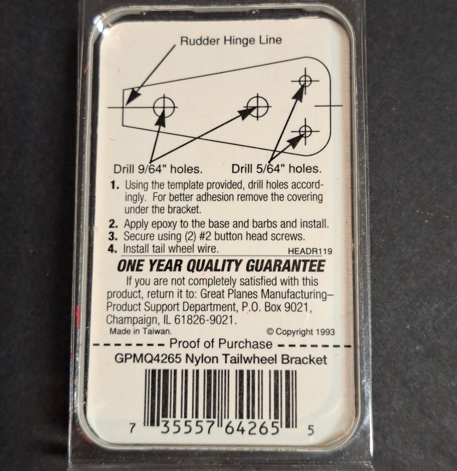 Original Great Planes RC Plane Part #4265 Nylon Tailwheel Bracket New ...