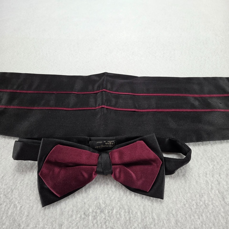 Ermenegildo Zegna 100% Silk Cummerbund & BowTie Set Black Burgundy ...