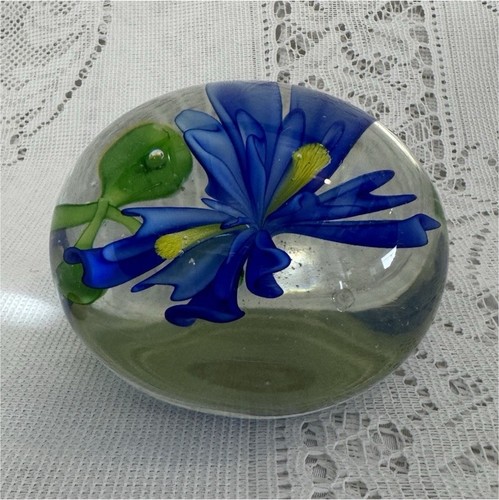 Art Glass Lampwork Glass Paperweight Blue Floral Flower Design ...