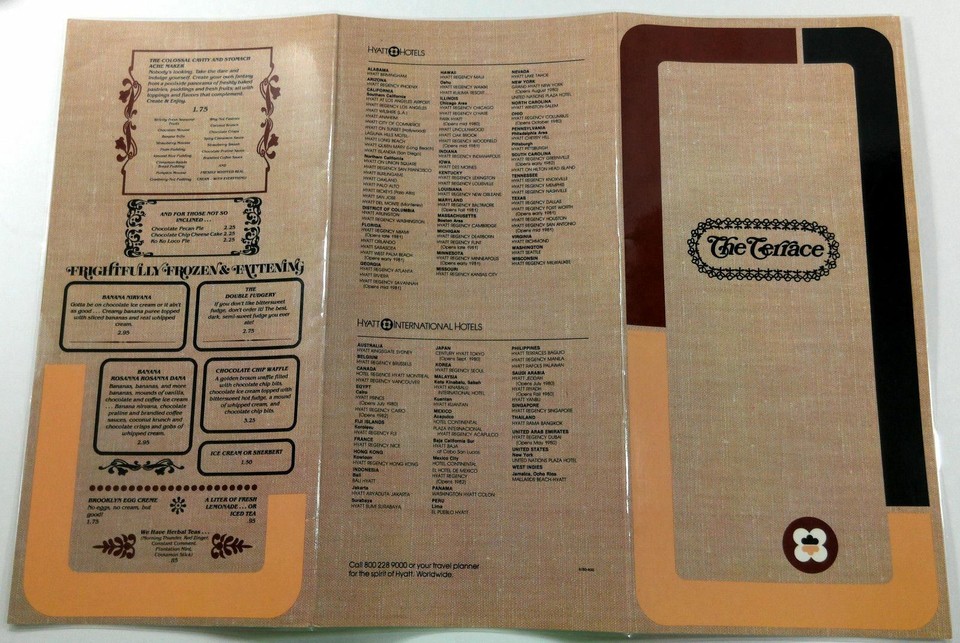 1980 Vintage Laminated Menu HYATT HOTELS - THE TERRACE Restaurant | eBay