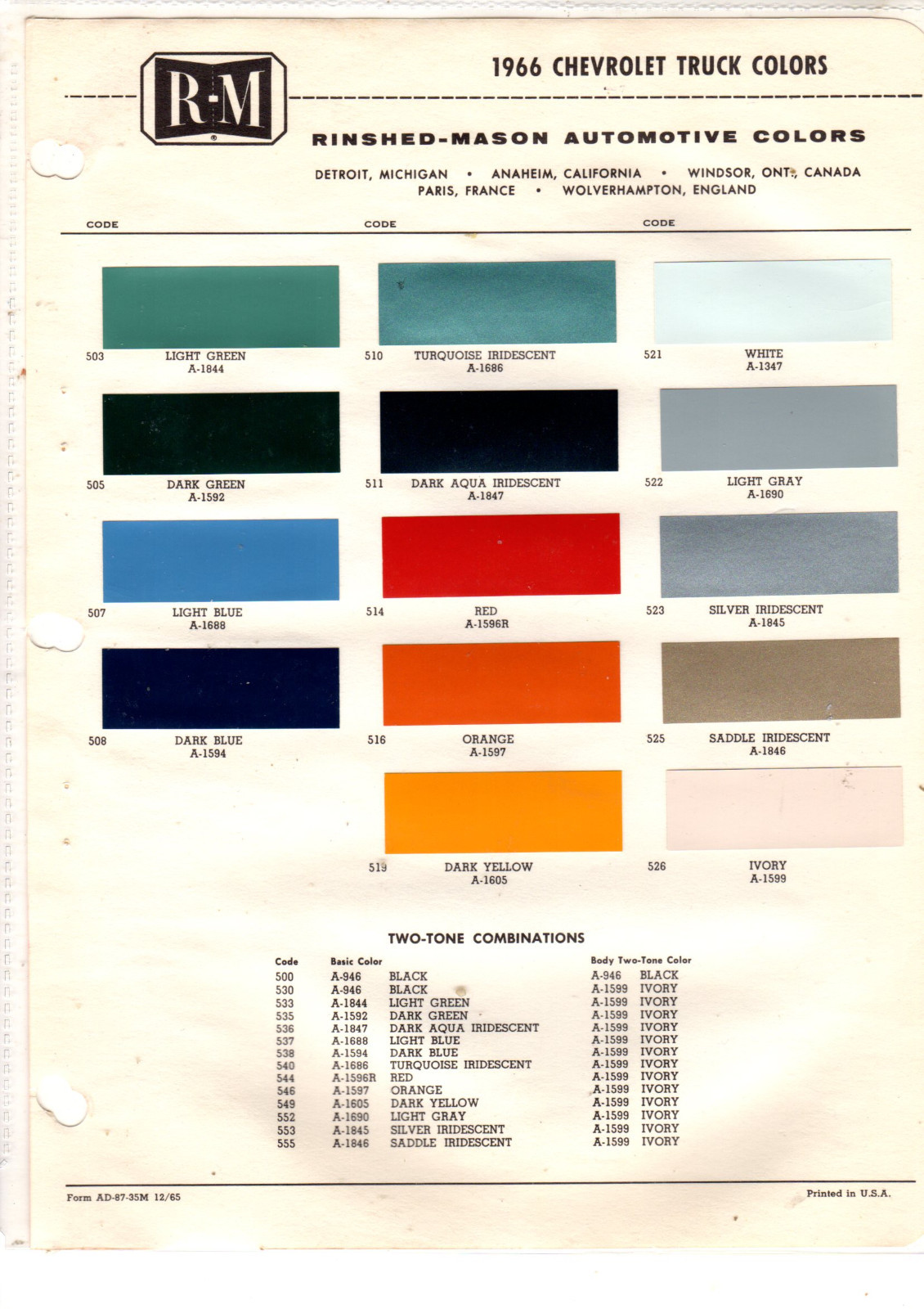1966 1967 1968 1969 CHEVROLET TRUCKS VAN PAINT CHIPS 66 RINSHED MASON ...