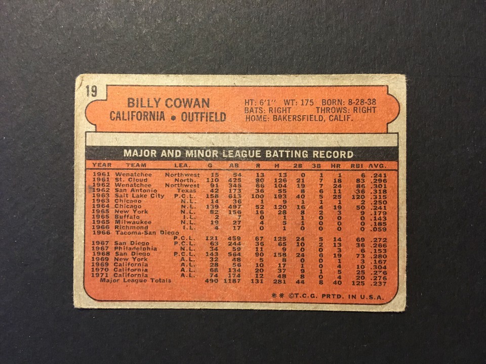 Billy Cowan Angels signed 1972 Topps baseball card #19 Auto Autograph 2 ...