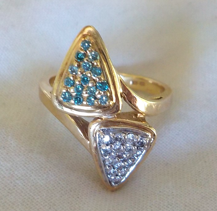 JCR 14K Yellow Gold Bypass Blue White Diamond Ring - 5.47 gms, Sz 7, 0. ...