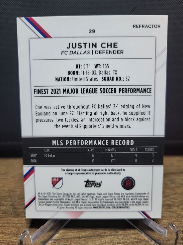 Justin Che 2022 Topps Finest MLS Refractor Rookie RC Auto #29 FC Dallas ...