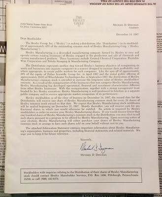 Dec 14 1987 Henley Group Hampton NH Distribution Notice Michael Dingman ...