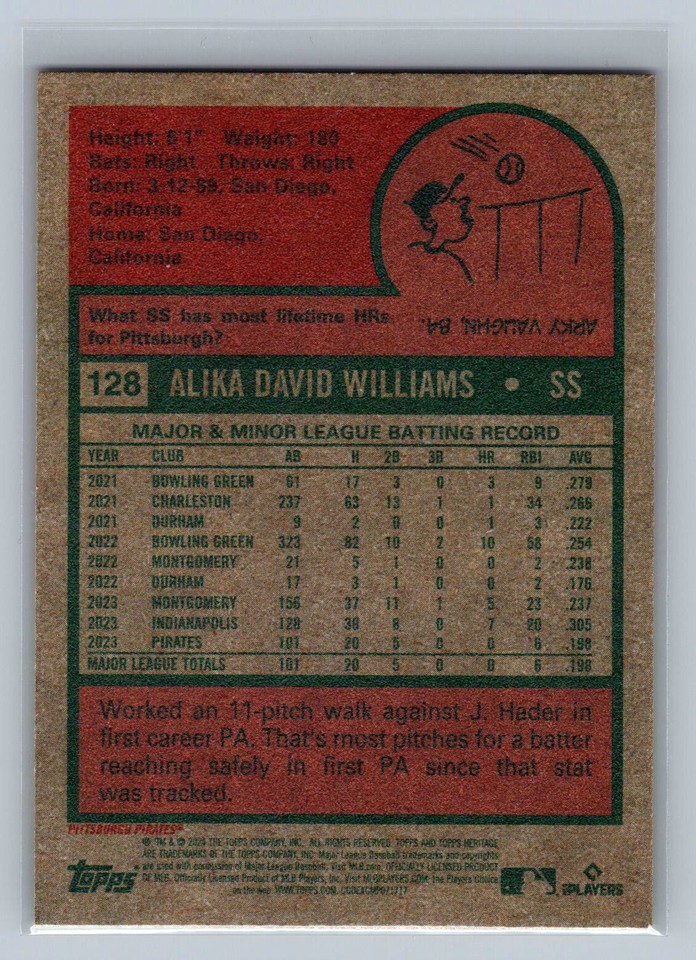 Alika Williams 2024 Topps Heritage #128 RC Pittsburgh Pirates | eBay