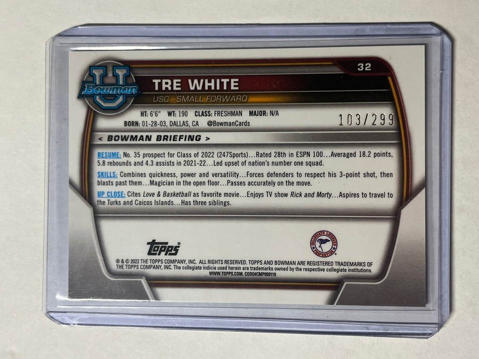 2023 Bowman Chrome University #32 Tre White USC 1st Aqua Wave /299 ...