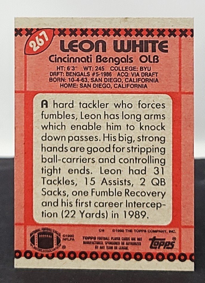 LEON WHITE Signed Autographed 1990 Topps Football Card #267 Cincinnati ...