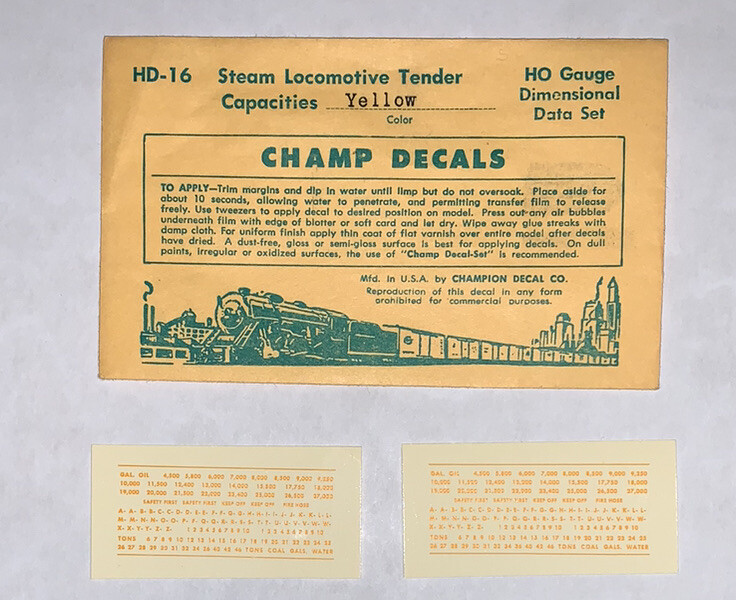 CHAMP HO SCALE DECAL - STEAM LOCO TENDER CAPACITIES - YELLOW - #HD-16Y ...