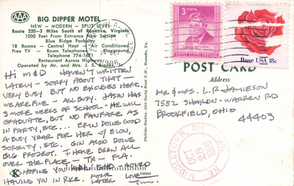 Postcard VA Roanoke Big Dipper Motel Hotel AAA Automobile Blue Ridge ...